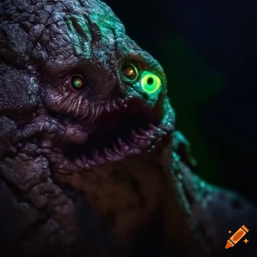 Sinister monster with glowing eyes hiding behind a rock on Craiyon