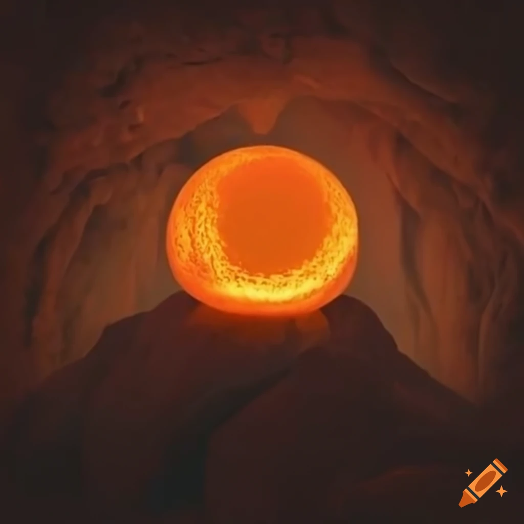 Image of a glowing orange ball in a dark cave
