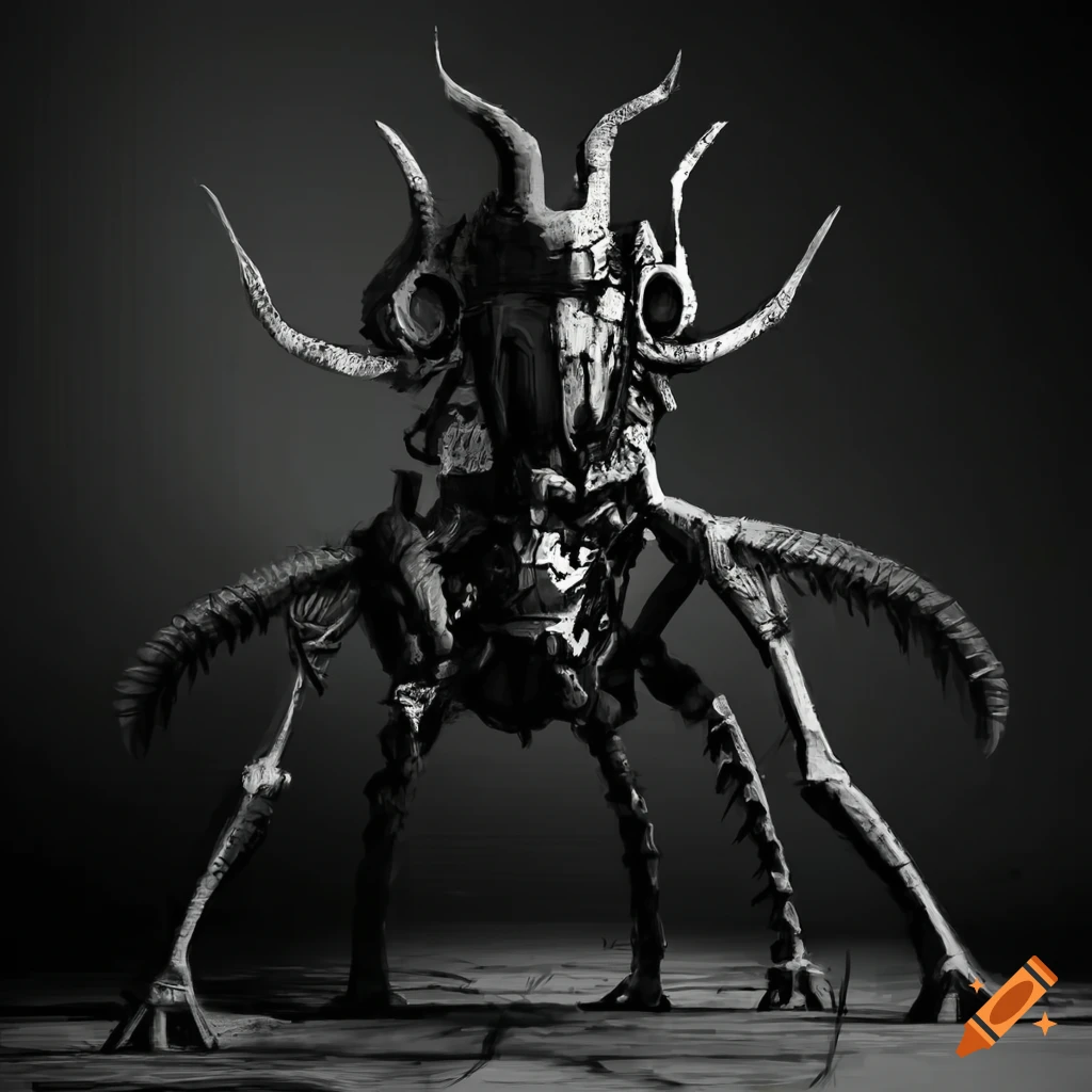 Black and white image of a mechanical insect in a dark fantasy setting ...