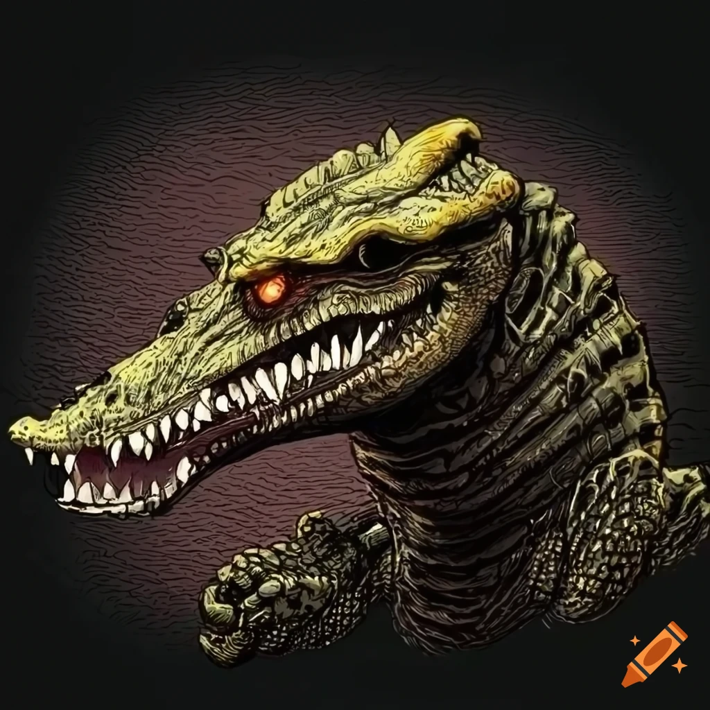 Scary anthropomorphic alligator in a swamp on Craiyon