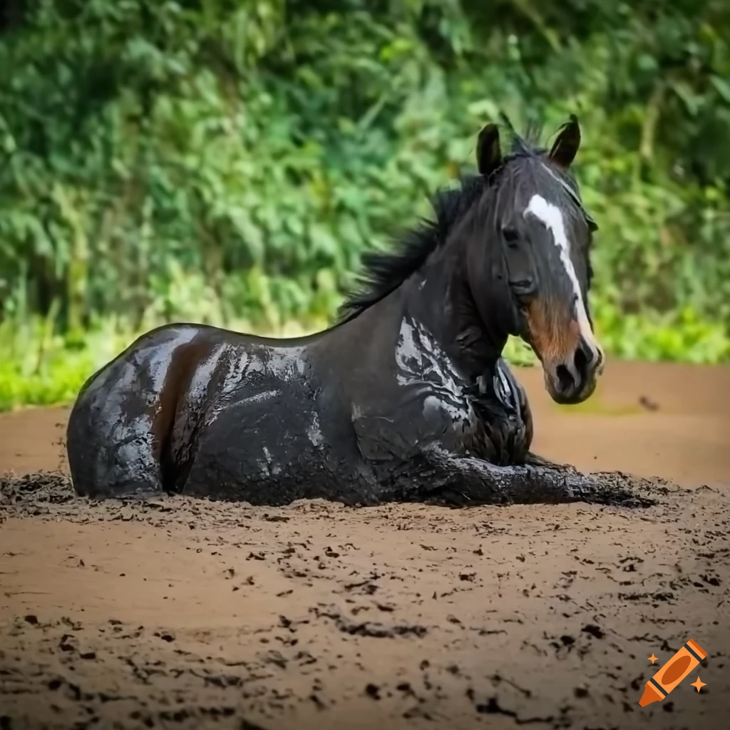 A horse peacefully sinking in wet mud in a jungle on Craiyon