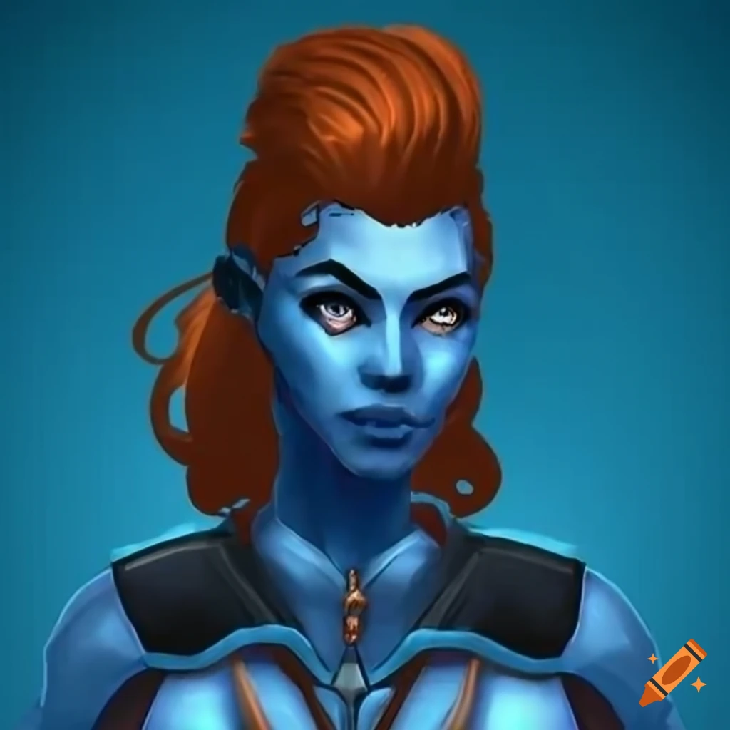Digital art of a blue-skinned air genasi woman with copper hair