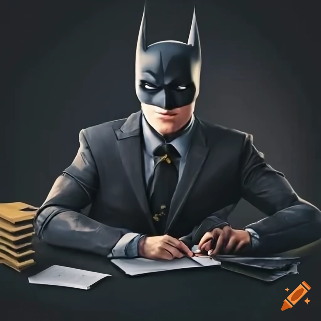 Batman sitting at desk writing on papers on Craiyon