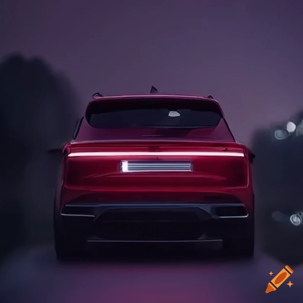 Rear view of a modern italian suv parked in the rain at night