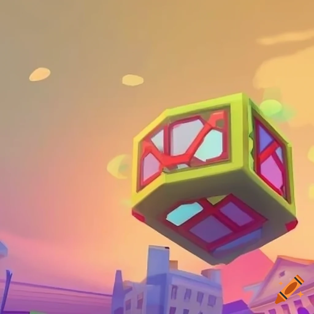 Pokemon cityscape with a cube-shaped building