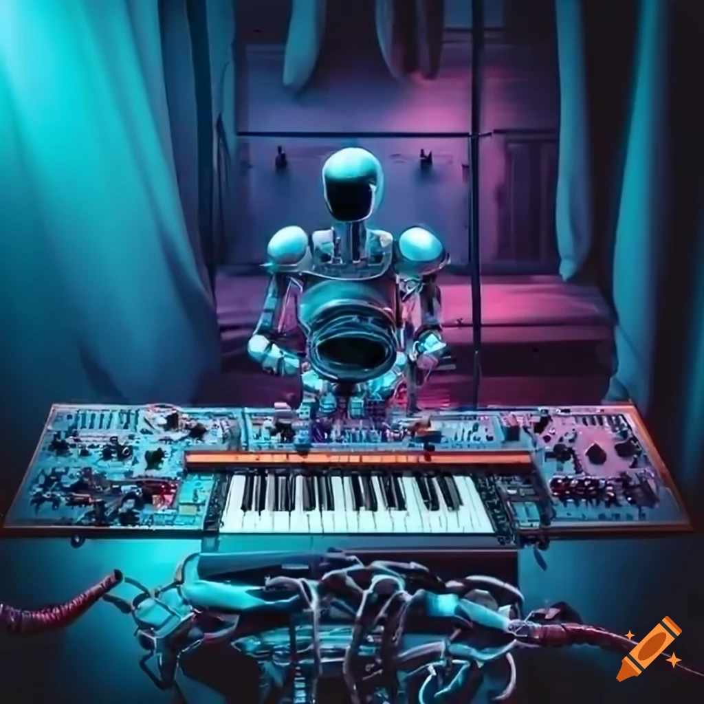Robotic synthesizer with colorful lights on Craiyon