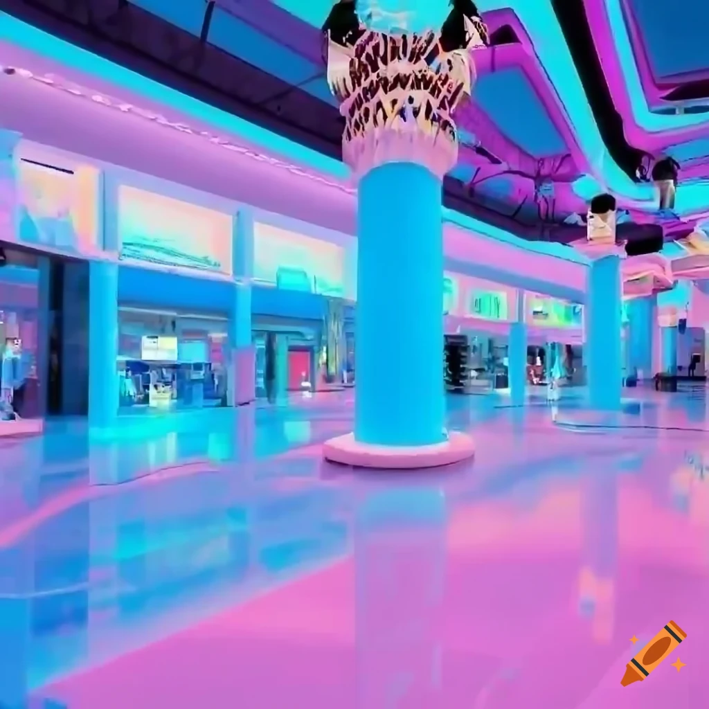 Vaporwave themed mall with fountains and pastel colors on Craiyon
