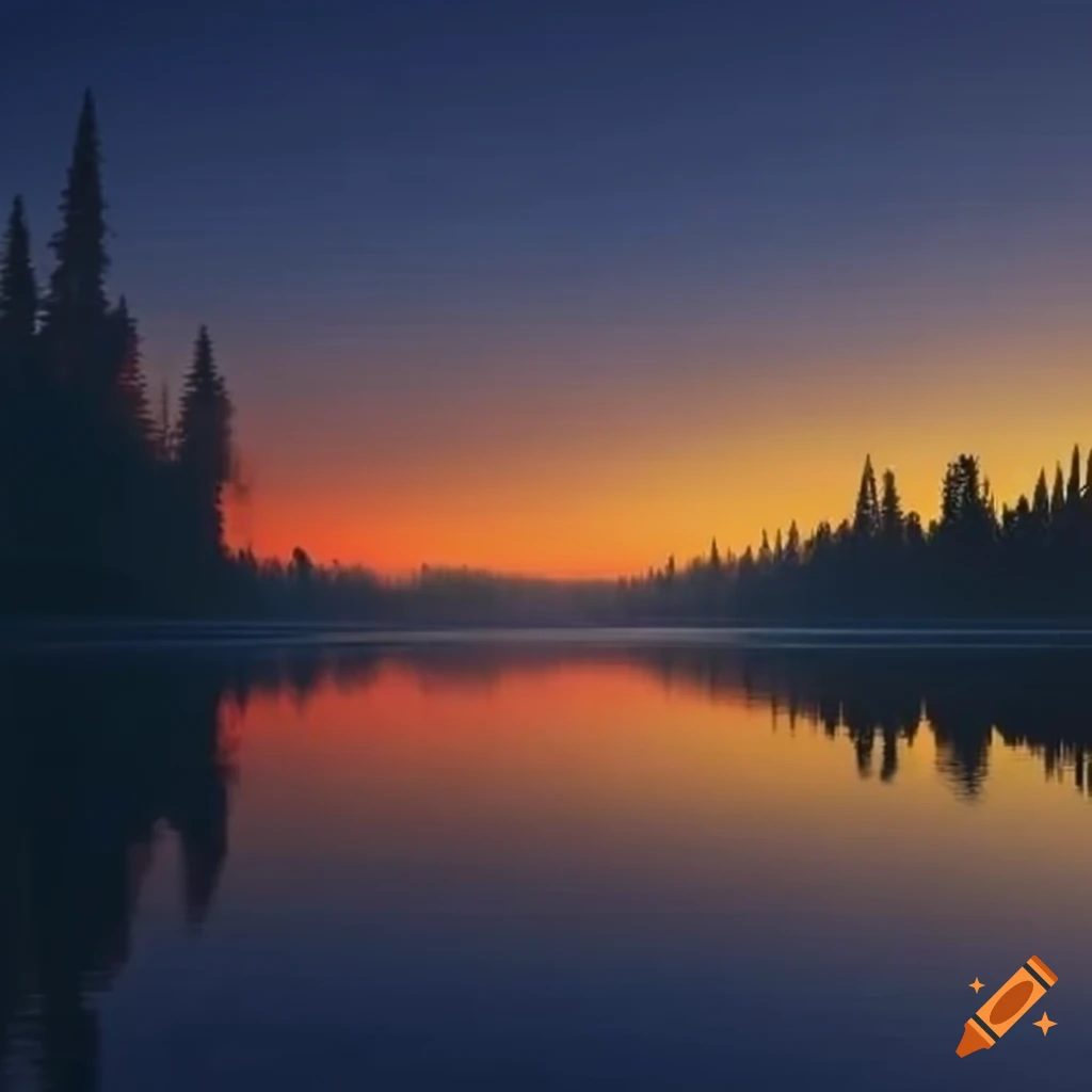 Peaceful sunset reflecting on a calm lake with deer and birds on Craiyon