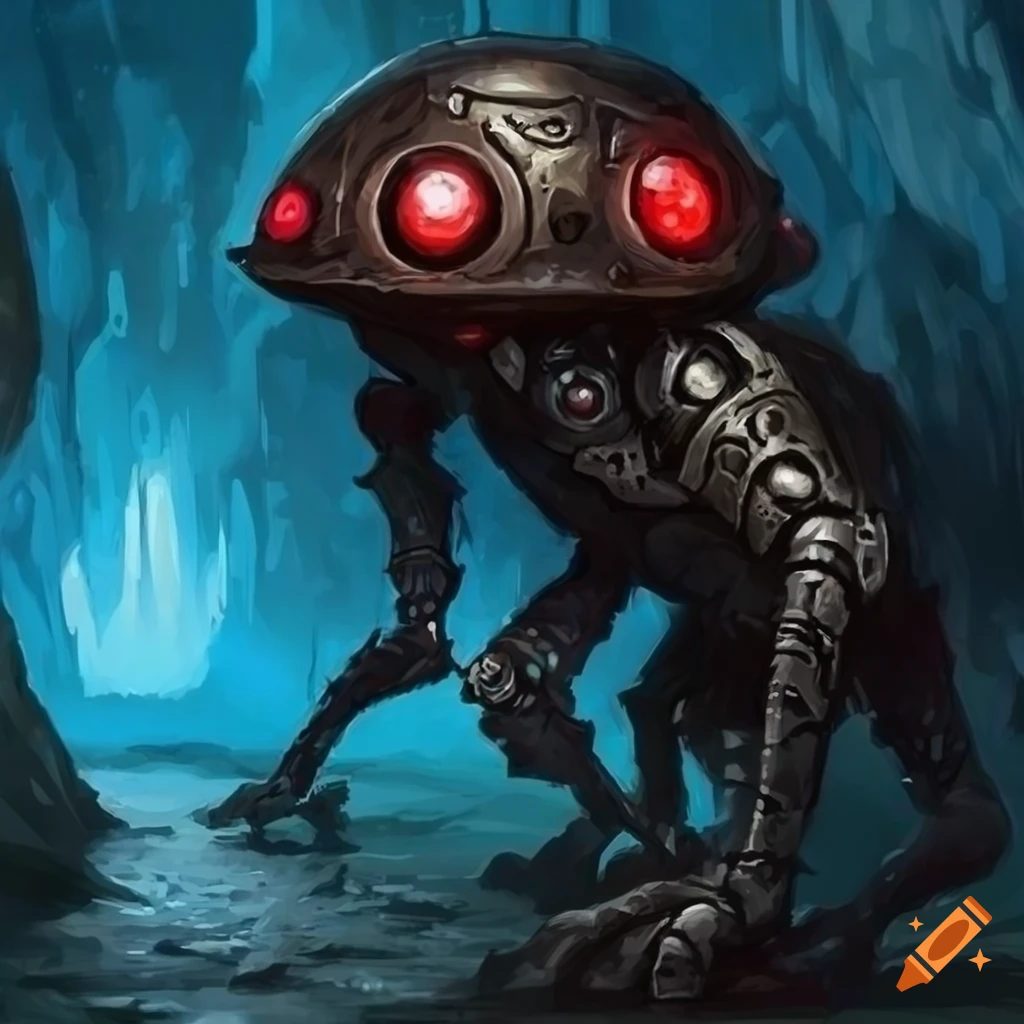 Illustration of a futuristic robot in a blue cave