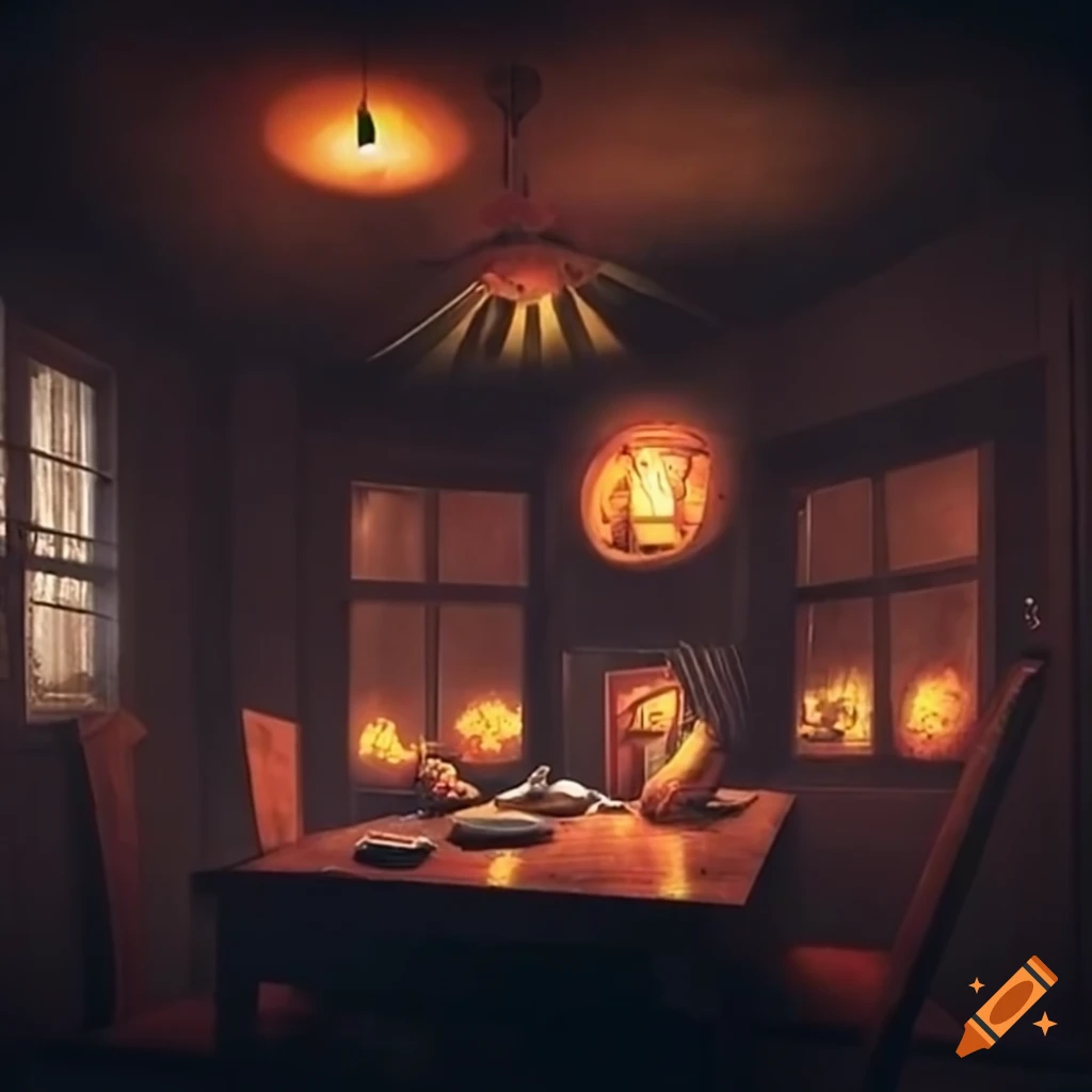 Spooky halloween house with a table inside on Craiyon