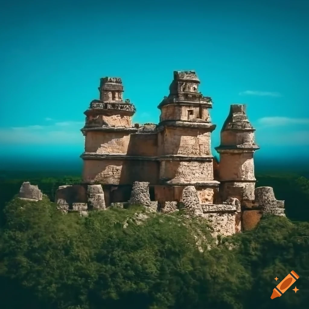 Aerial view of a stone castle with Mayan-inspired towers on Craiyon