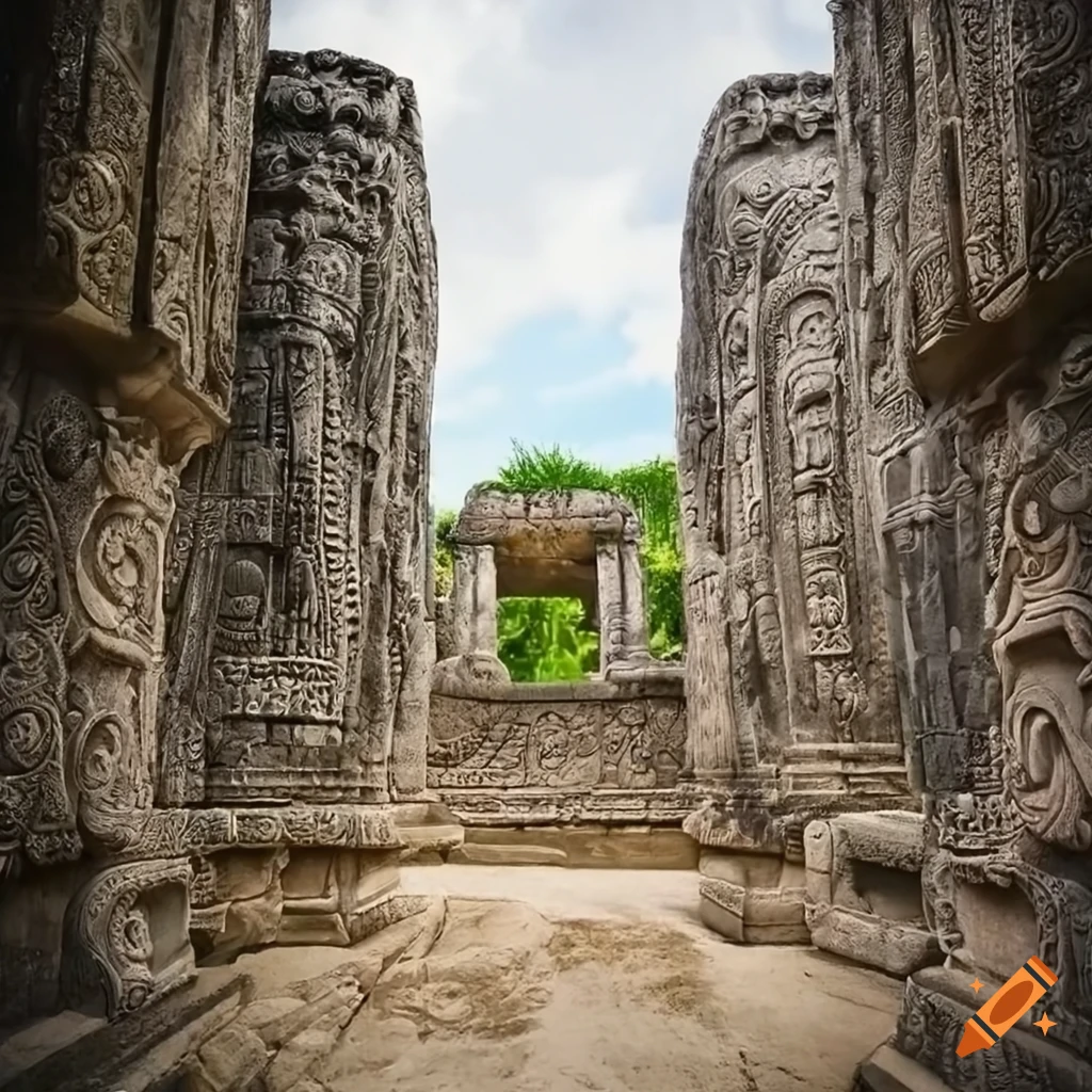 Ancient ruins with intricate stone jaguar sculpture on Craiyon