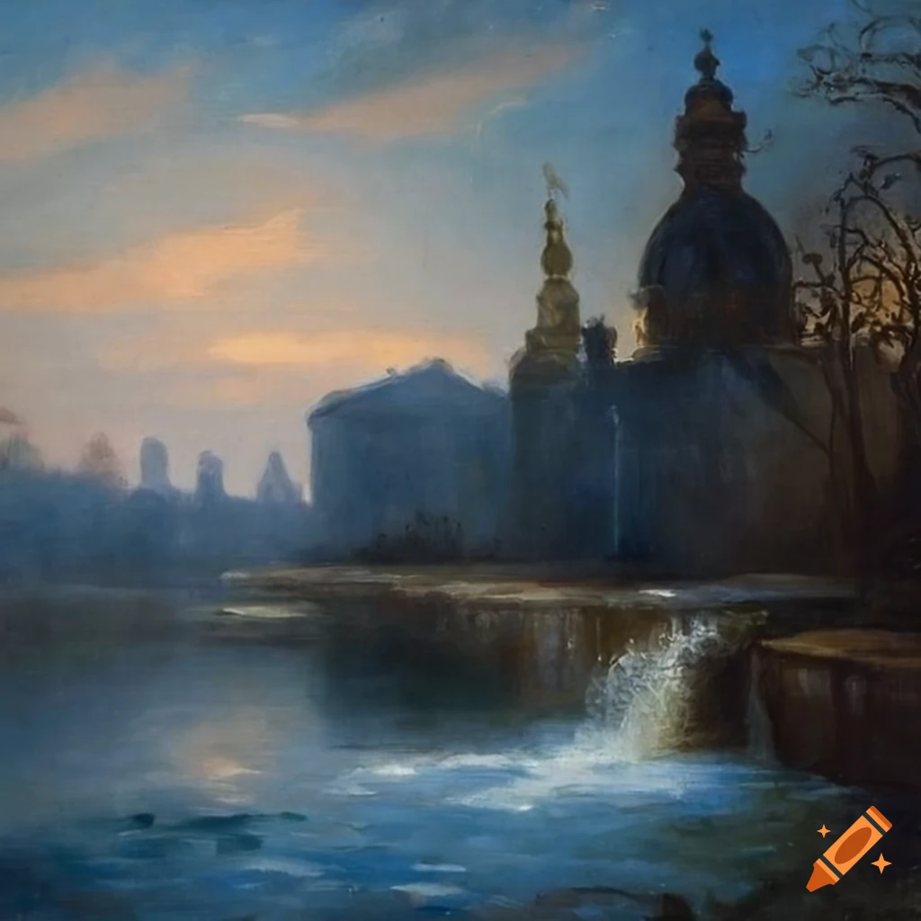 Neoclassical landscape painting with a small house and fountain on Craiyon