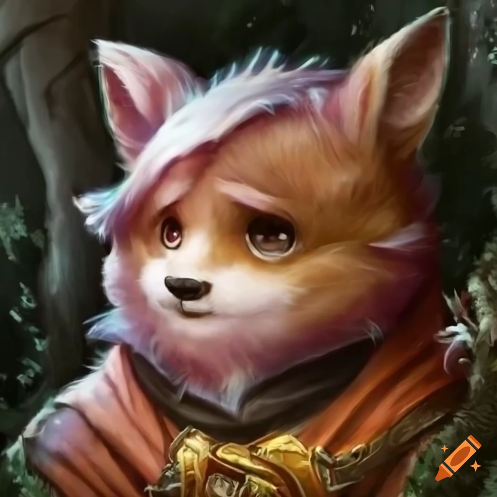 Illustration of a cute anthro fox mage in a forest on Craiyon