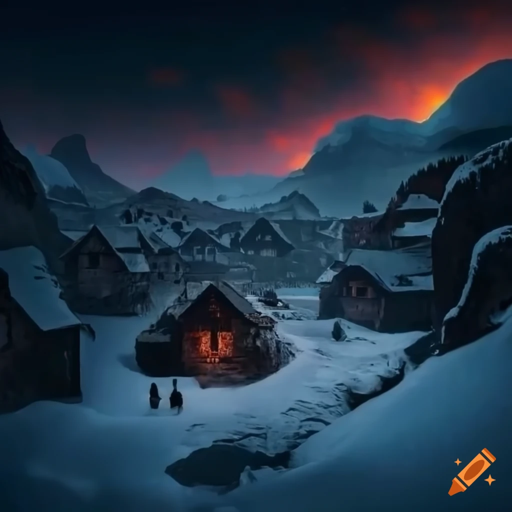 Medieval village inside a cave with snowy mountain landscape and fiery ...