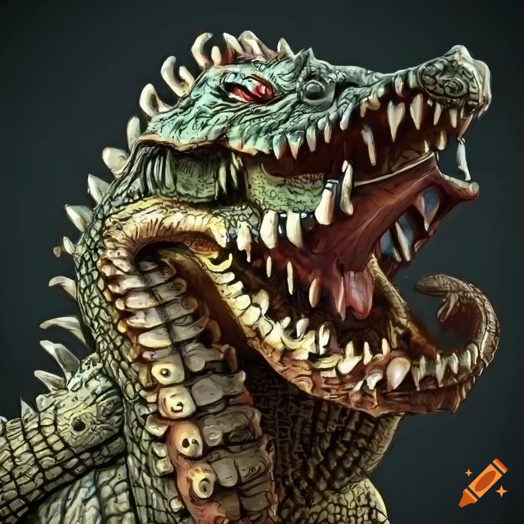 Artwork of crocodile-head kaiju swamp monster fighting a robot on Craiyon