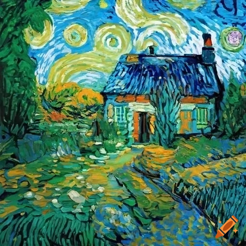 Old bulgarian house and green tree painted in van gogh style on Craiyon