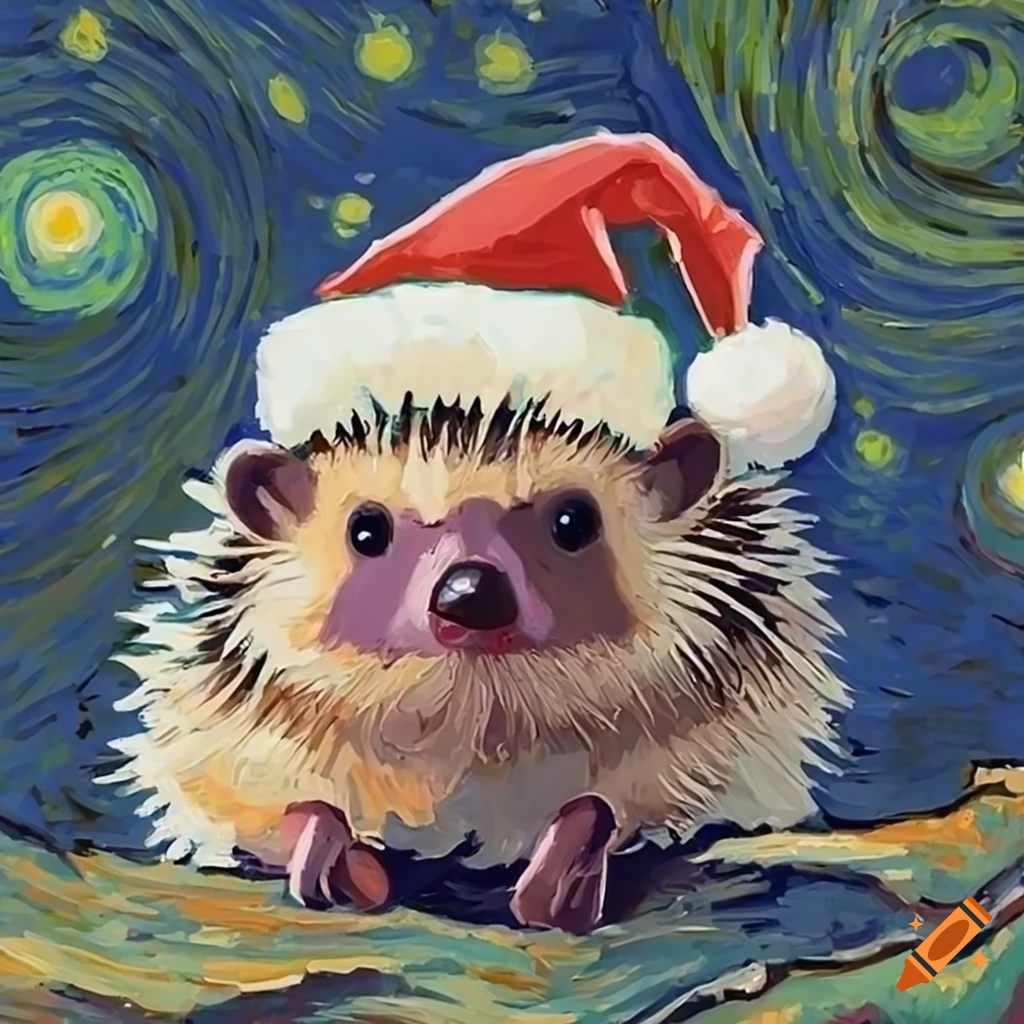 Hedgehog opening presents under a van gogh style christmas tree in 4k ...