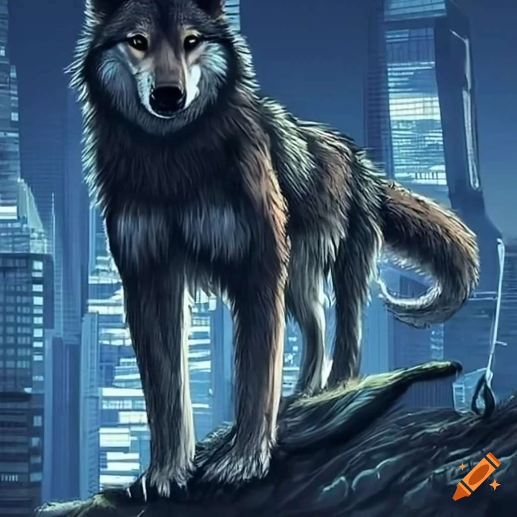 Wolf standing tall in the city on Craiyon