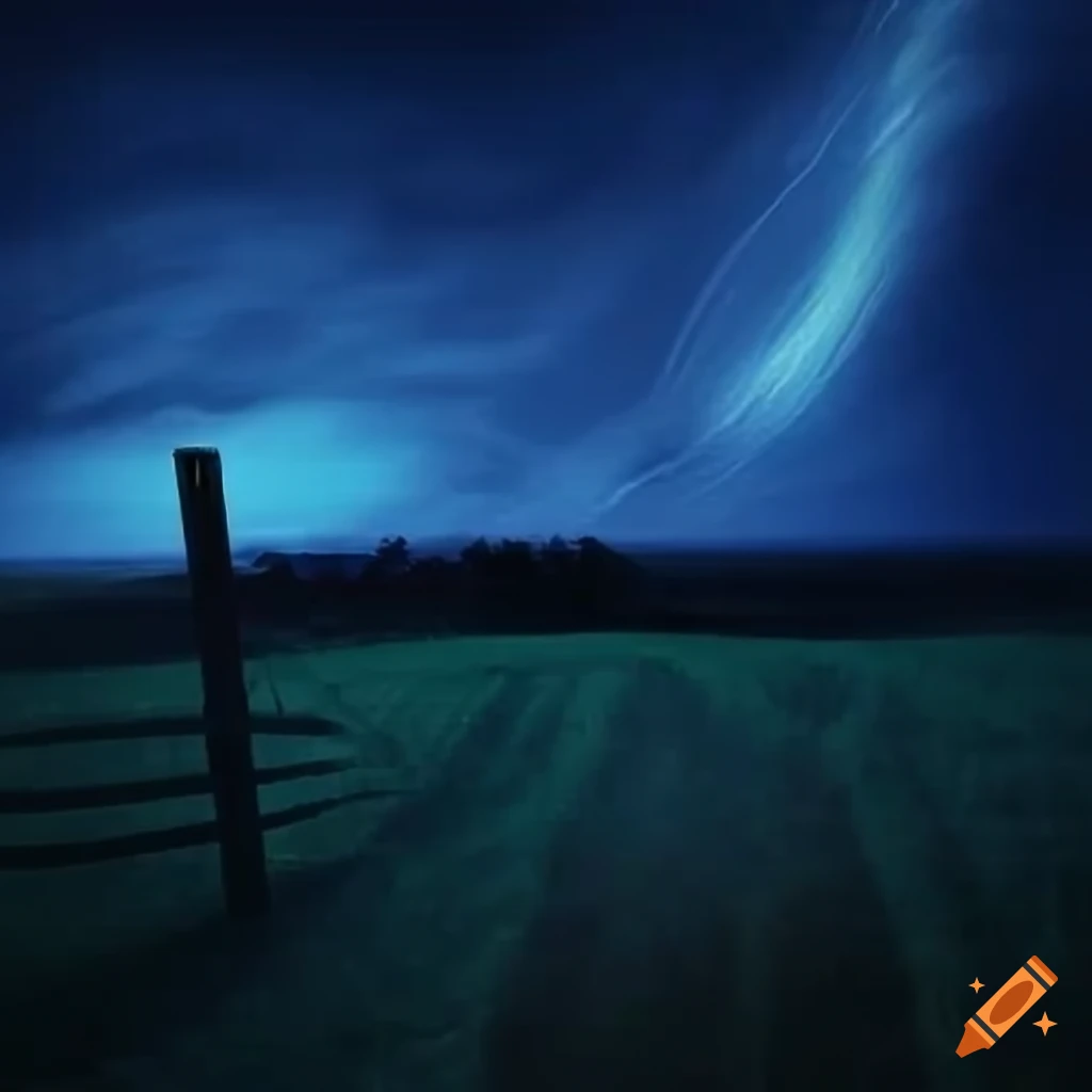 Nighttime farm field with a fence on Craiyon