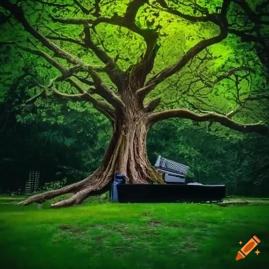 Art installation of tree with hidden computer parts on Craiyon