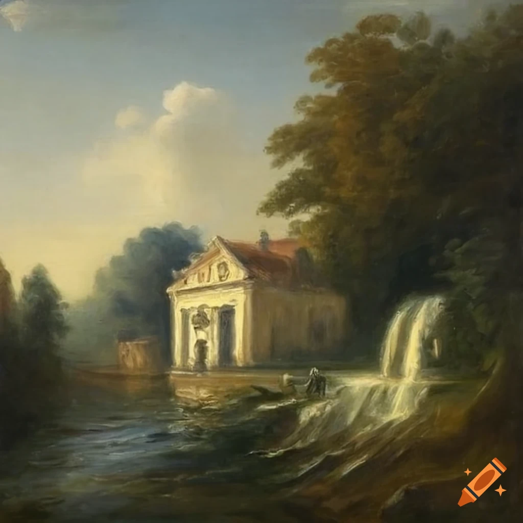 Neoclassical landscape painting with a small house and a fountain on ...