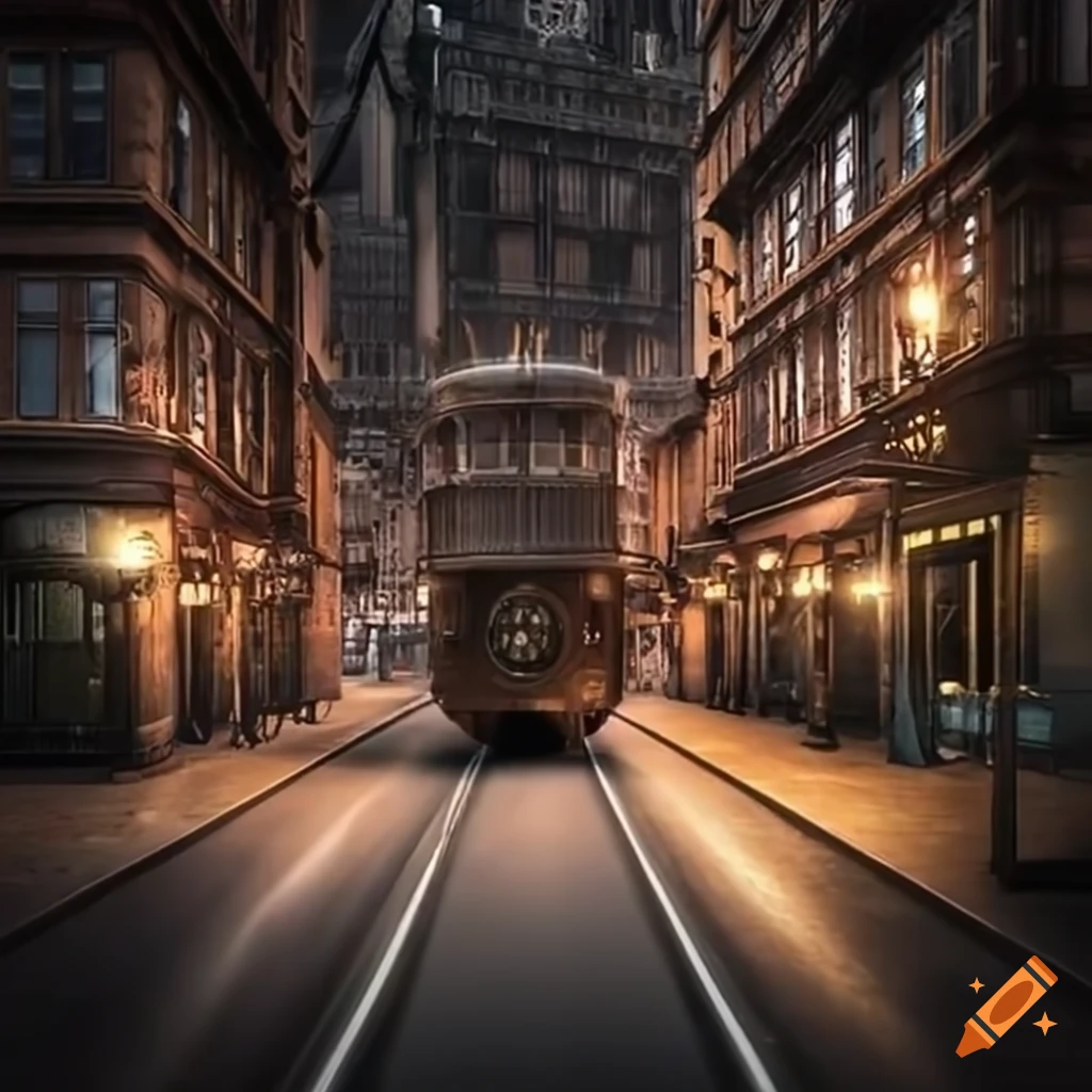 Steampunk steam-powered bus in a victorian-like city