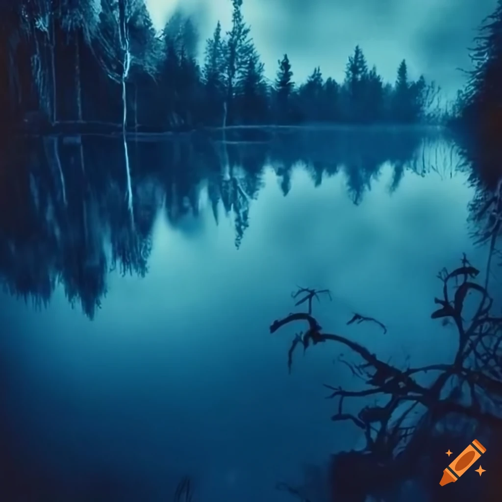 Cyanotype photo of a floating TV in a swamp at night on Craiyon