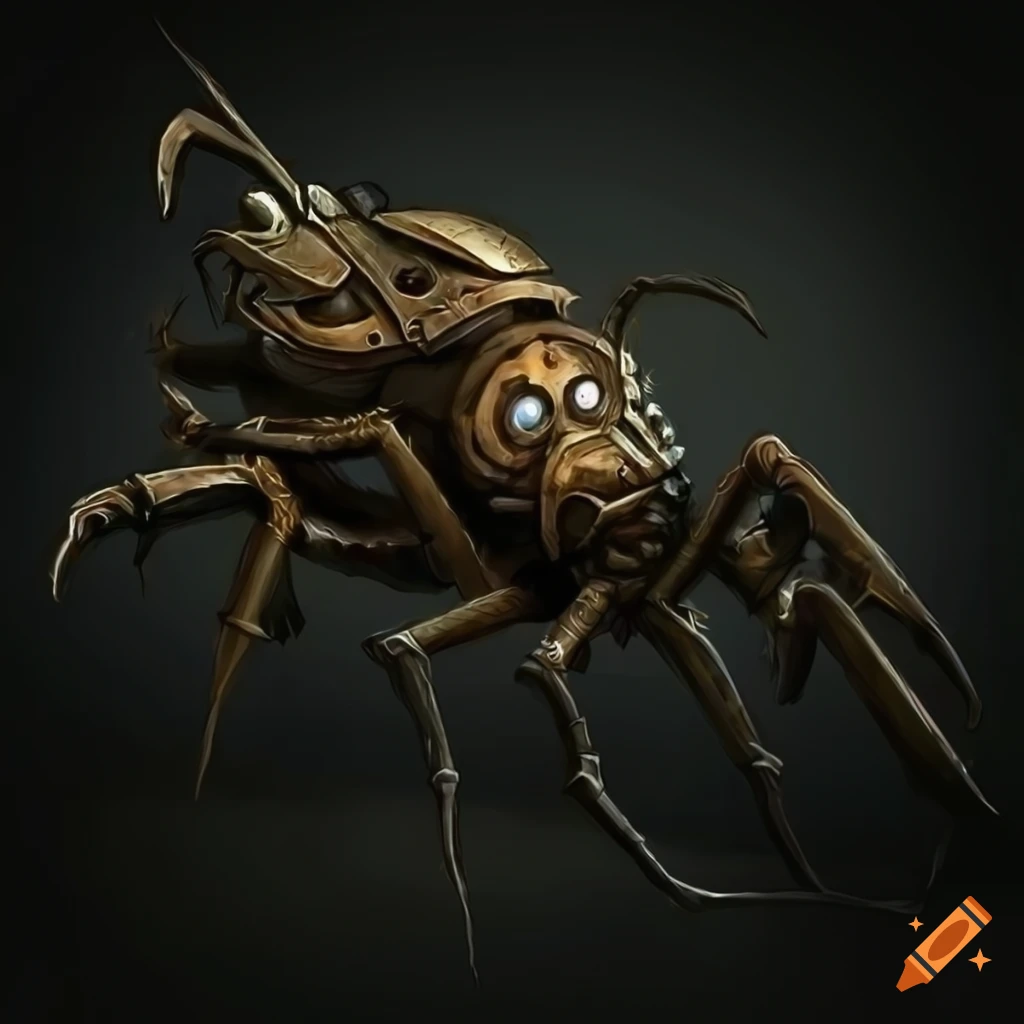 Dark digital art of a mechanical insect guarding its home