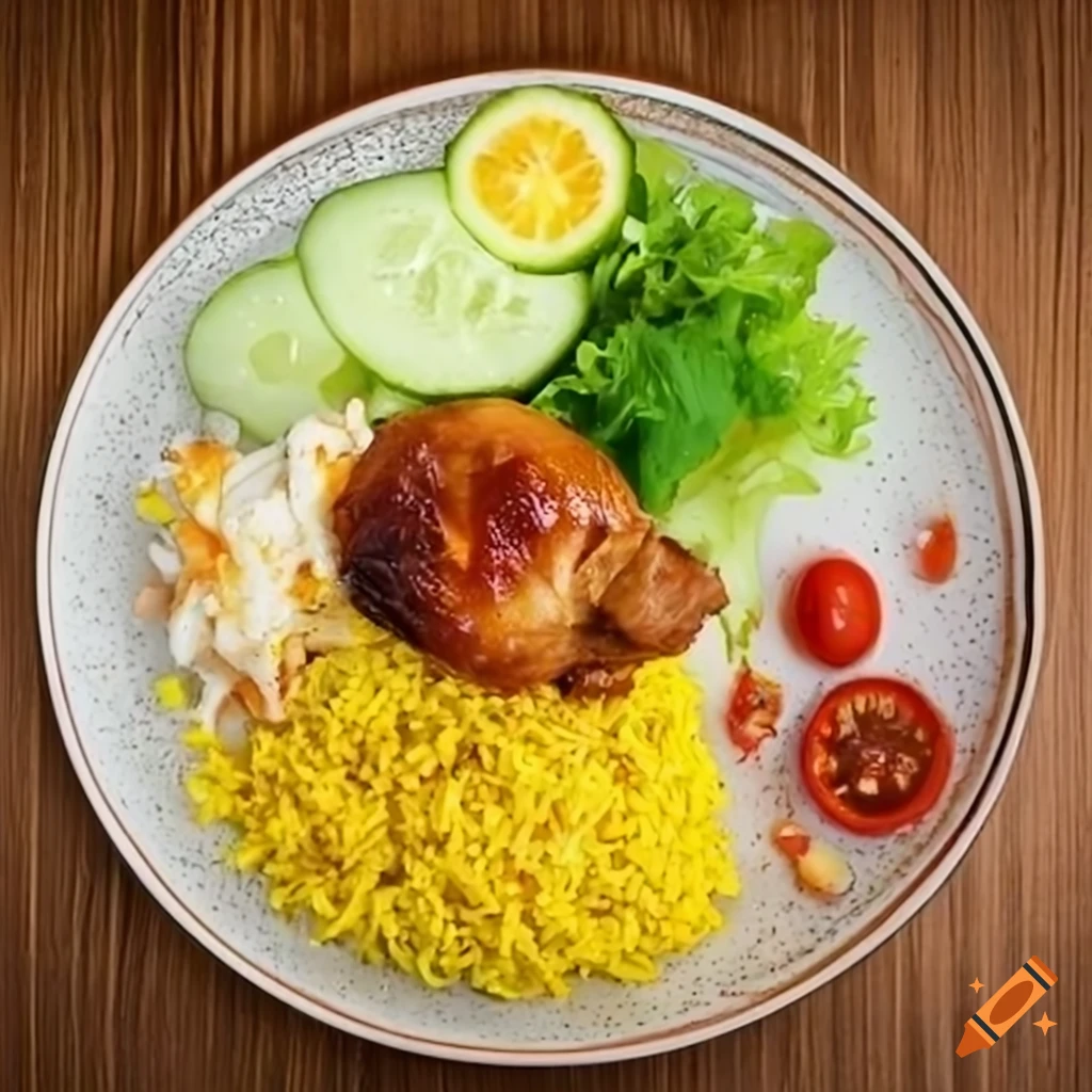 Plate of delicious fried chicken rice with fresh vegetables