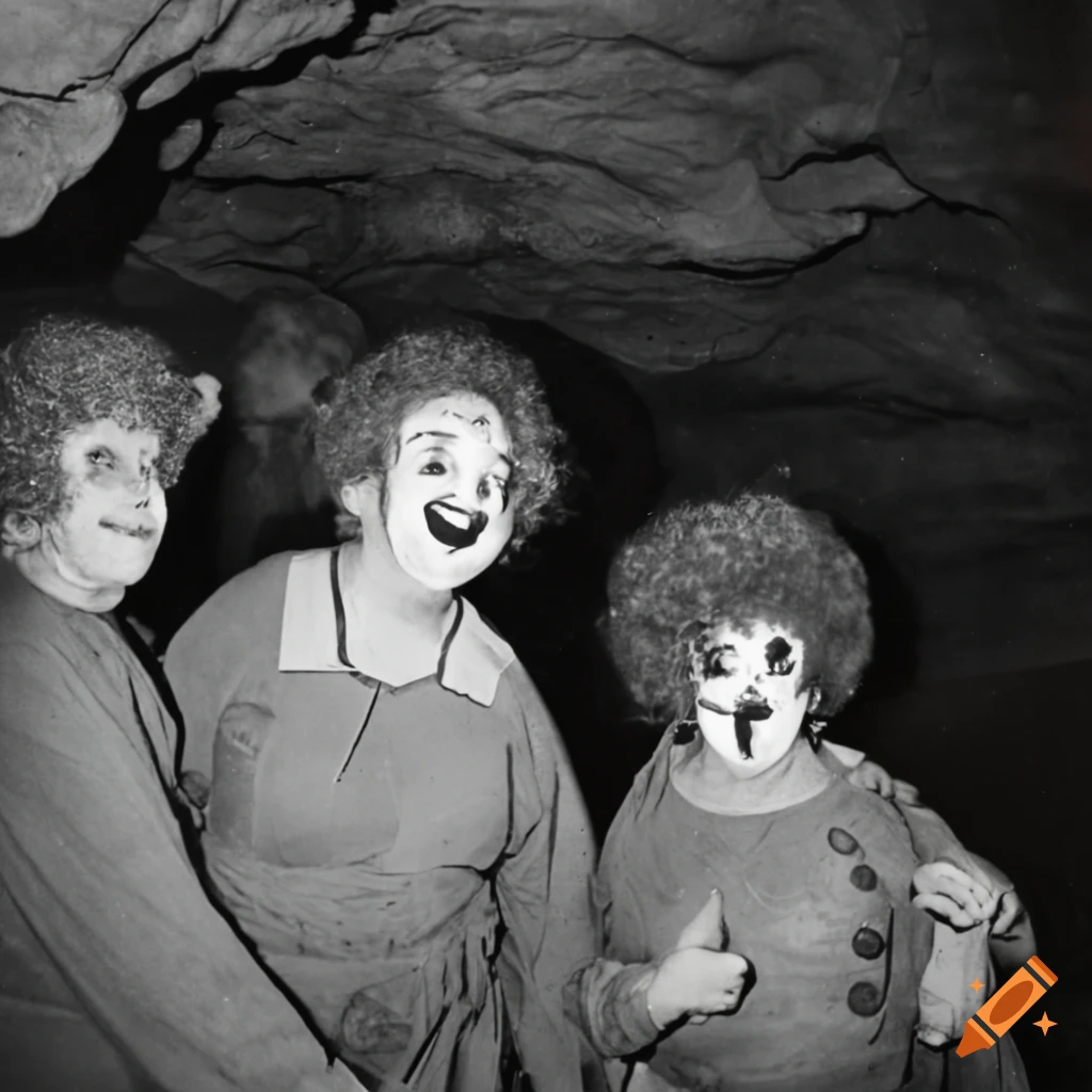 Vintage photograph of clowns spelunking in a cave on Craiyon