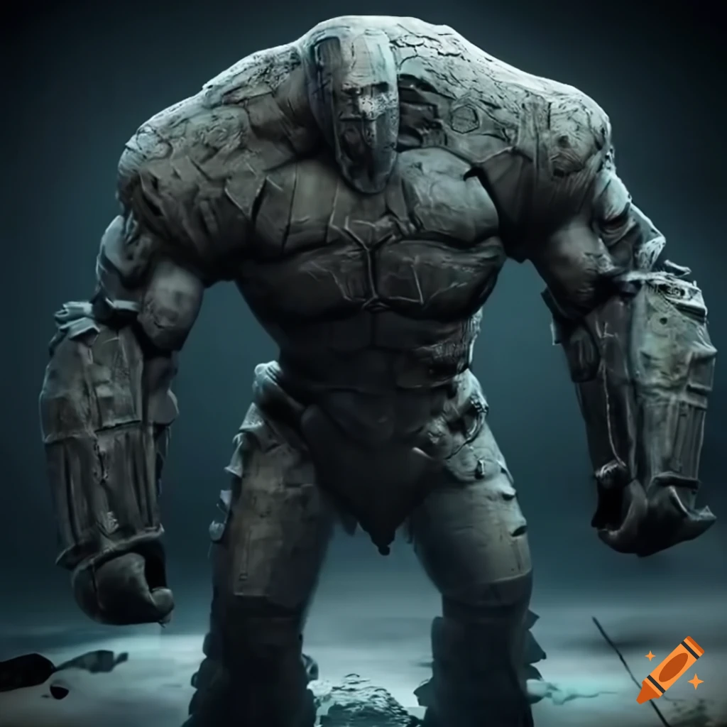 Cinematic image of a giant iron golem in a medieval setting on Craiyon