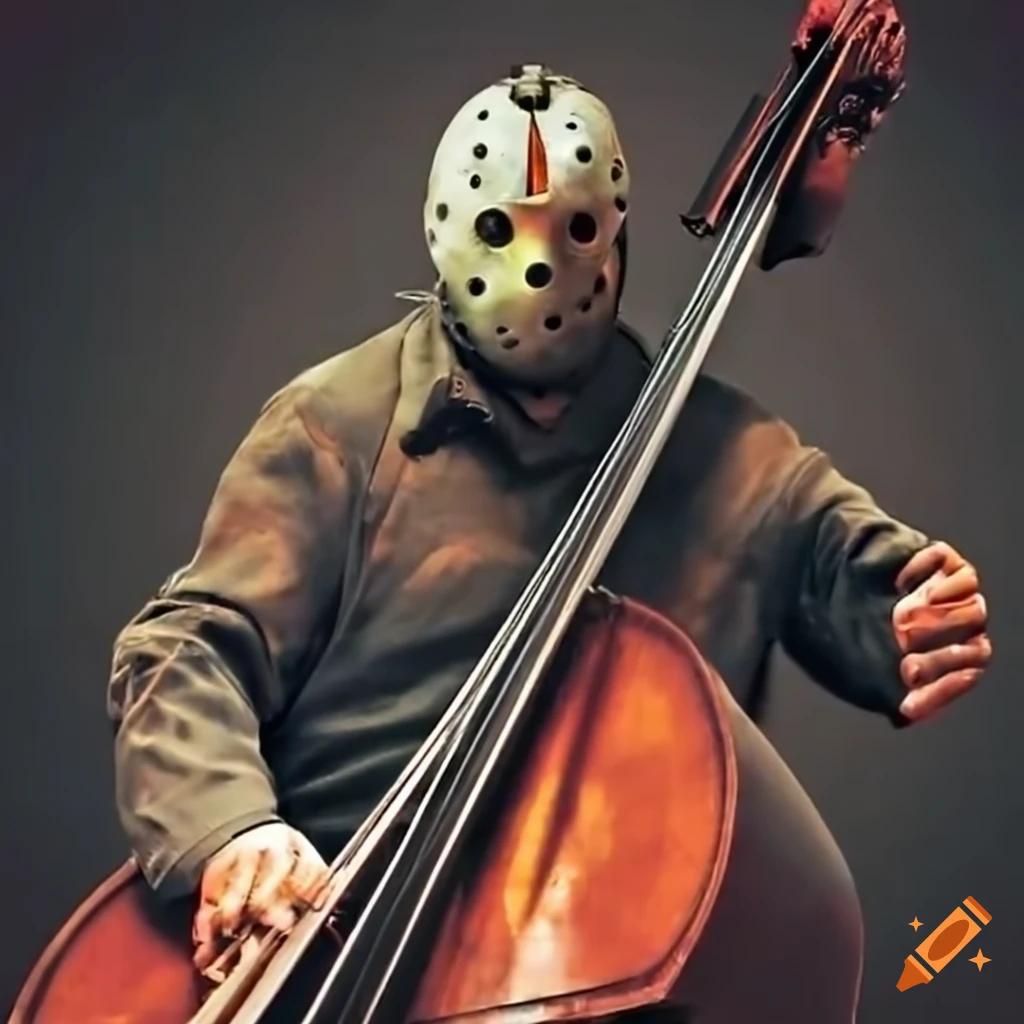 Jason Voorhees playing upright bass in a jazz quartet on Craiyon