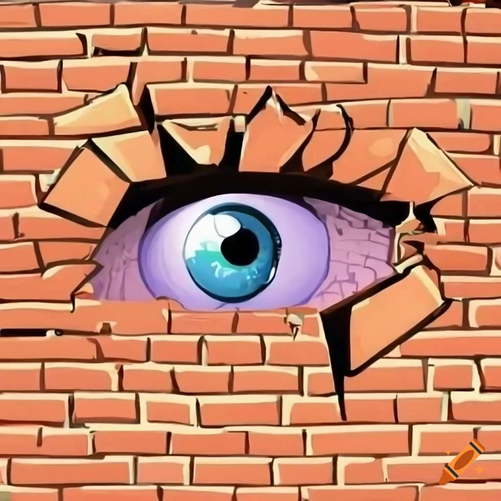 Cartoon eye staring through a broken brick wall on Craiyon