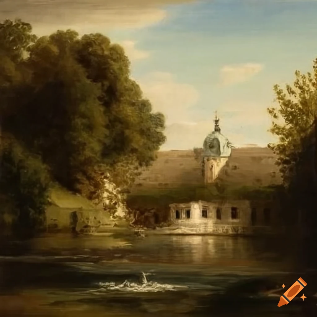 Neoclassical landscape painting with a small house and fountain on Craiyon