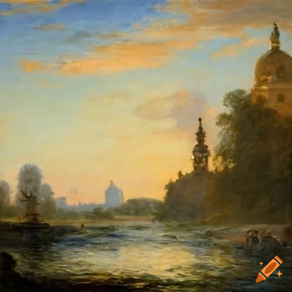 Neoclassical landscape painting with a house and running water on Craiyon