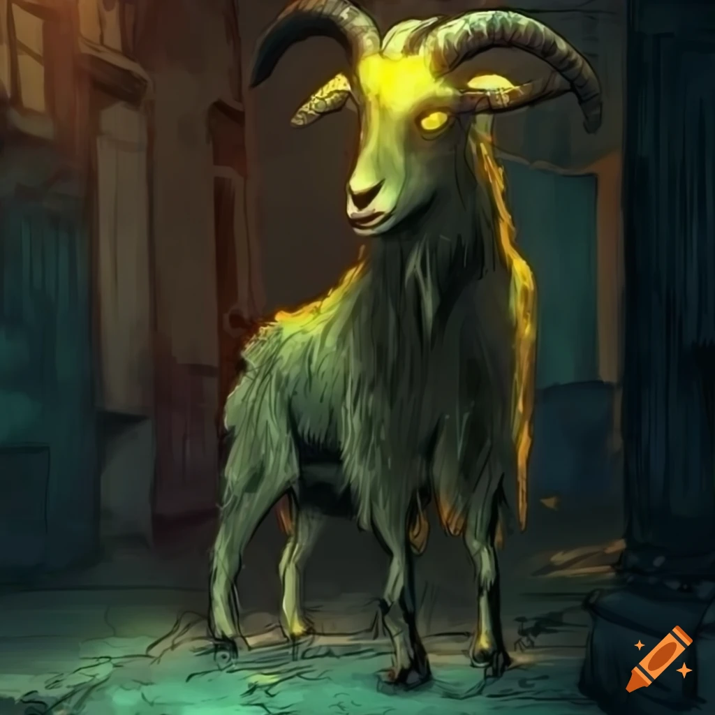 Lovecraft style goat with glowing yellow eyes in the street on Craiyon