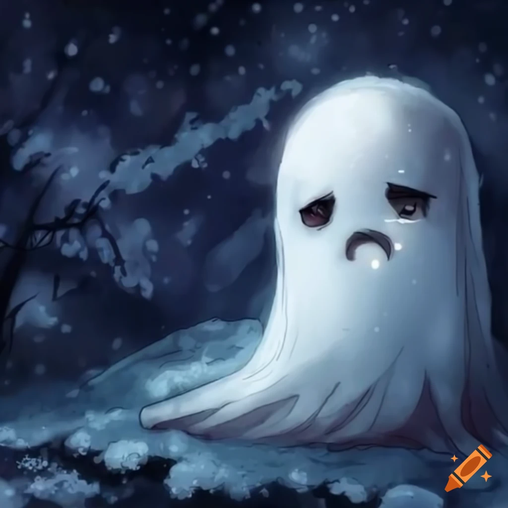 Cute drawing of a sad ghost in the snow on Craiyon