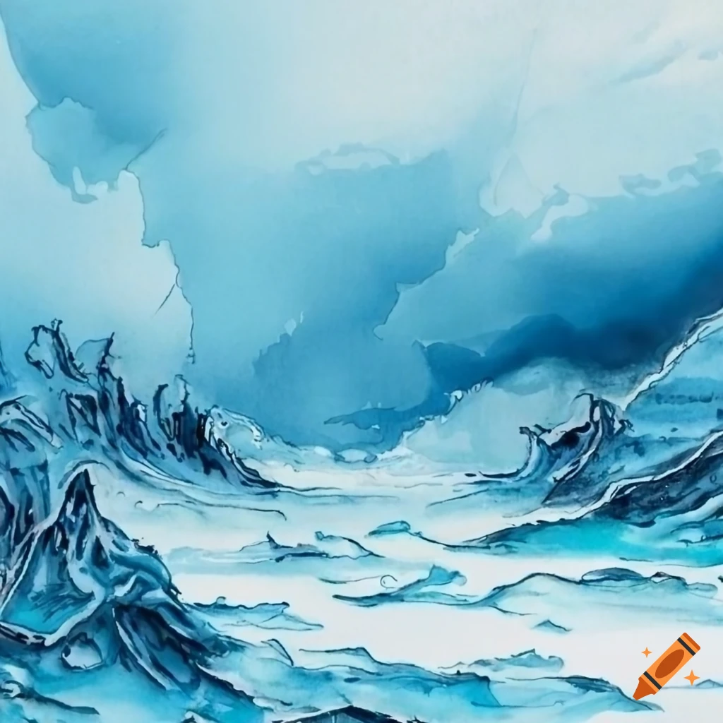 Ink drawing of a desolate island in a stormy ocean