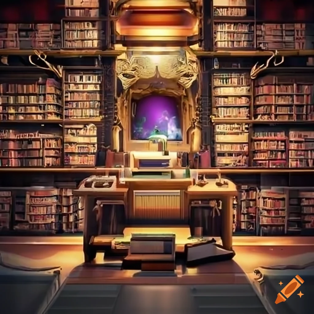 Image of a magical study library with a vibrant garden