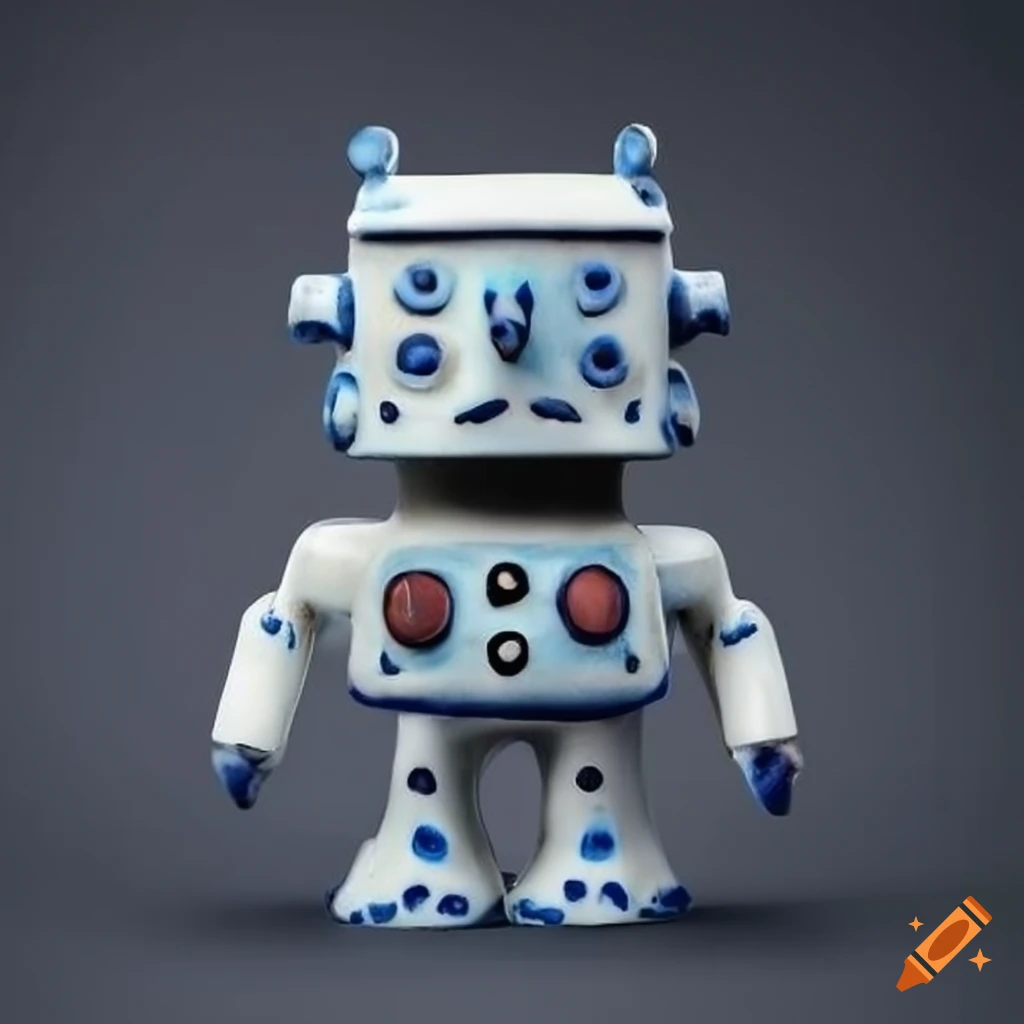 White and blue porcelain mayan robot sculpture