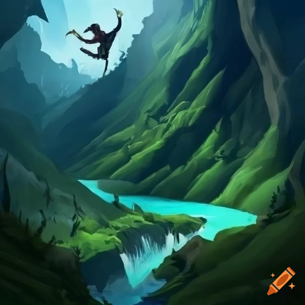 Anime-style artwork of someone falling into a ravine