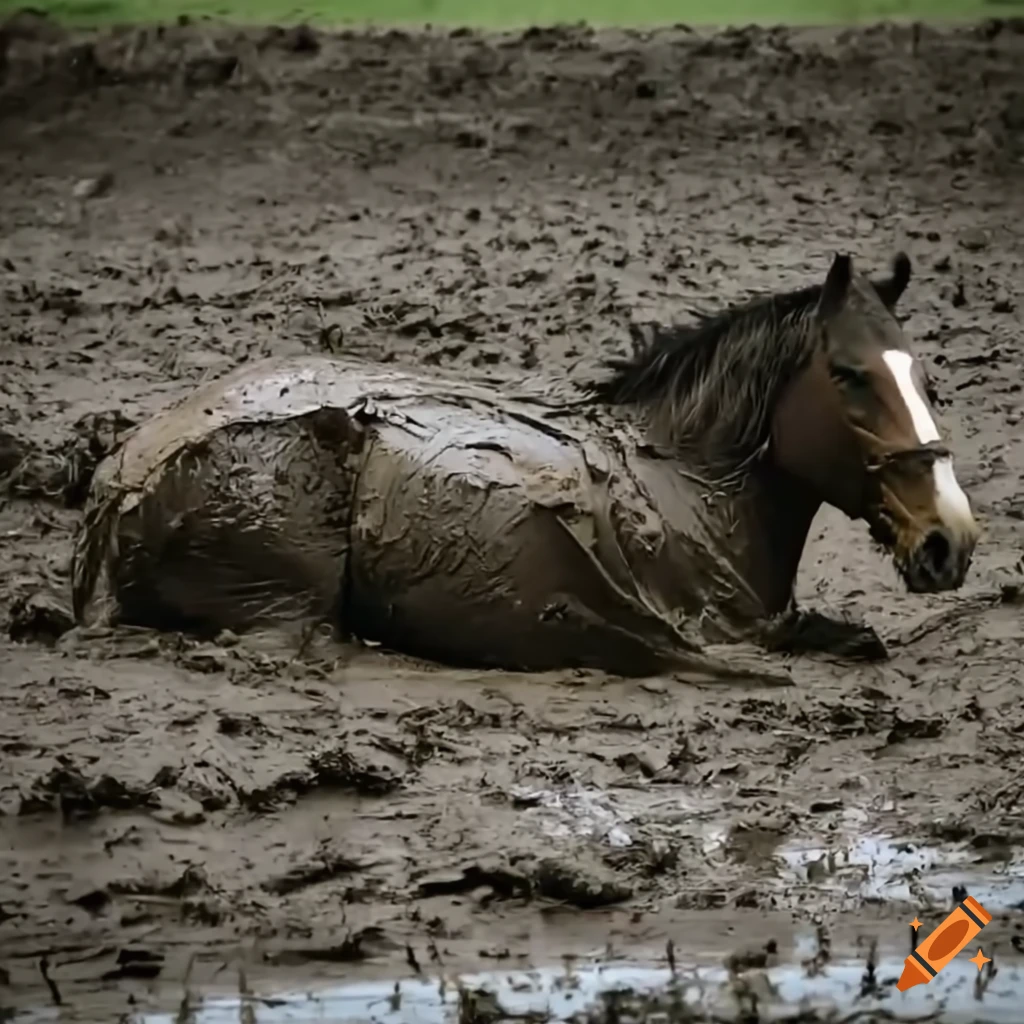 Horse enjoying in a muddy pit on Craiyon