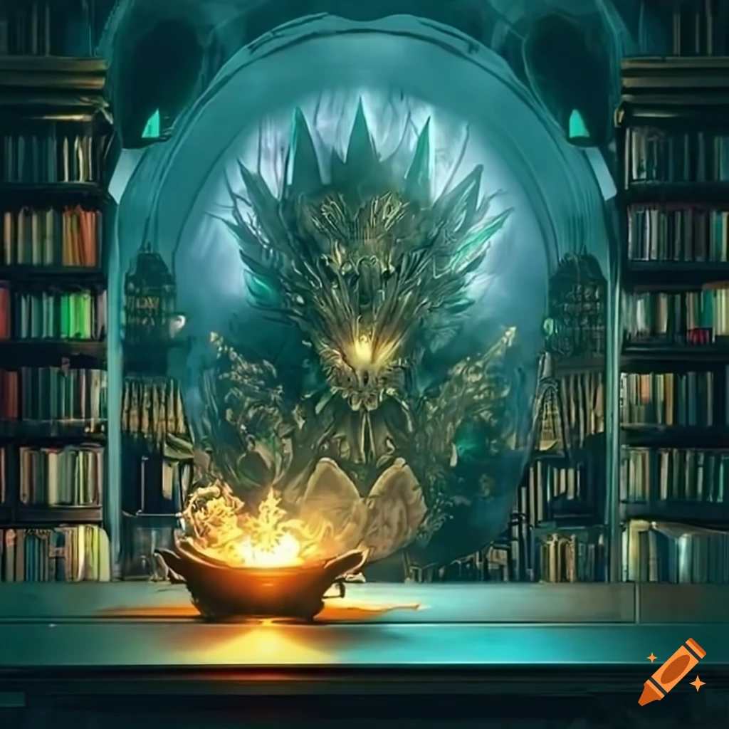 Female librarian with green anthro male dragon in a library on Craiyon