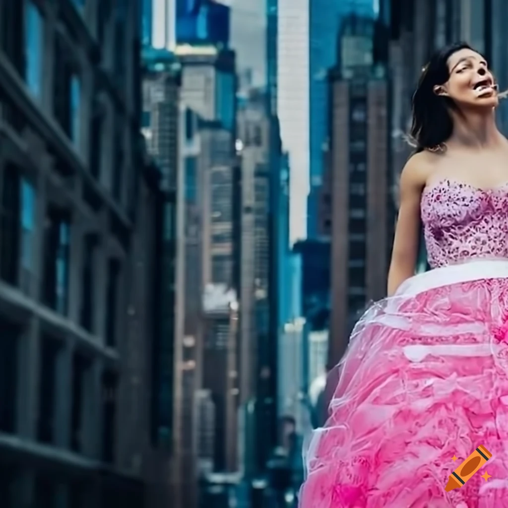 Woman flying over new york city with her magical dress