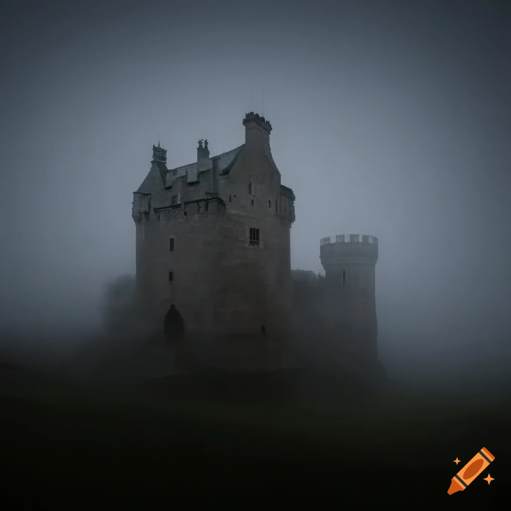 Mysterious castle covered in fog on Craiyon