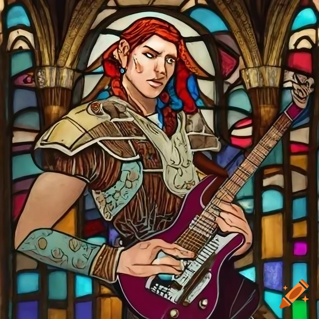 Stained glass depiction of an elven bard with an electric guitar on Craiyon
