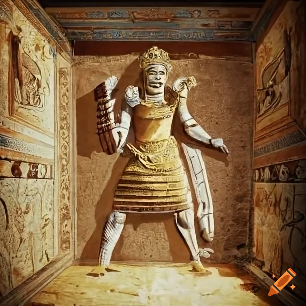 Unreal engine 5 depiction of sky god with golden armor on fresco wall ...