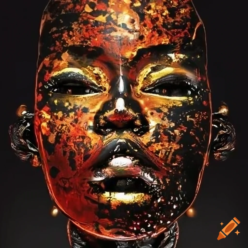 Abstract artwork of a cyborg african tribe in gold, black, red, and ...