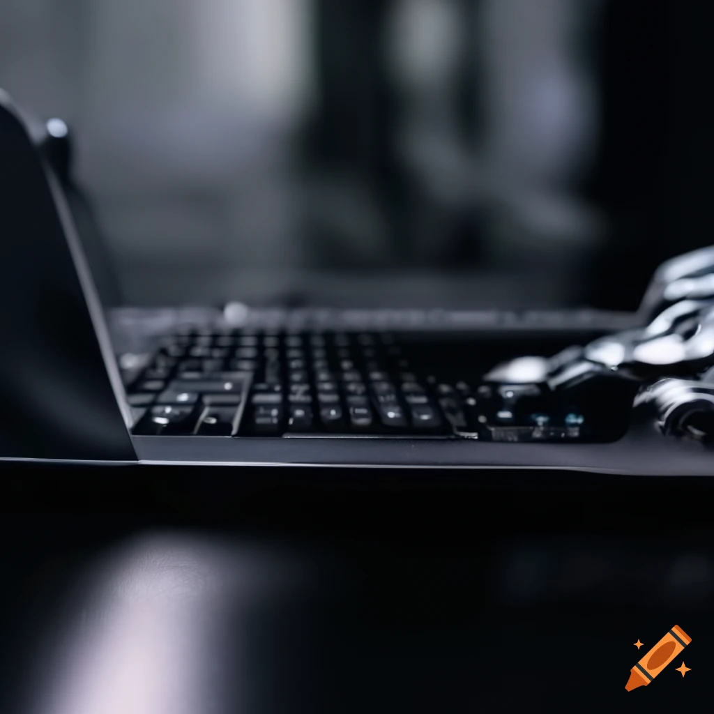 Side view of a robotic hand typing on a keyboard on Craiyon